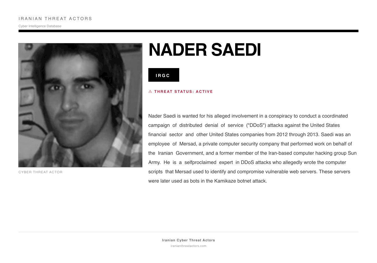 NADER SAEDI - Iranian Cyber Threat Actor
