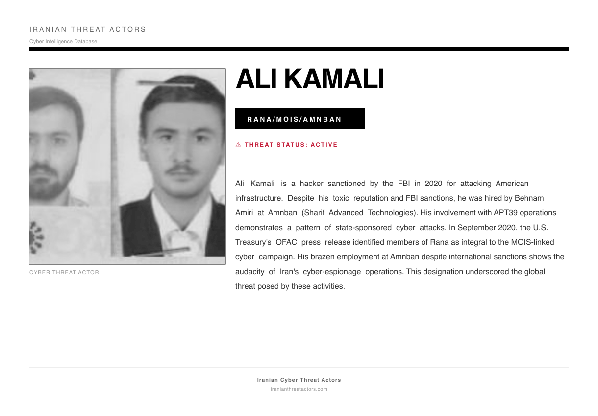 ALI KAMALI - Iranian Cyber Threat Actor