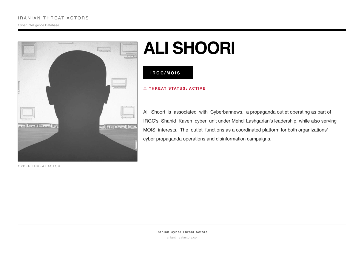 ALI SHOORI - Iranian Cyber Threat Actor