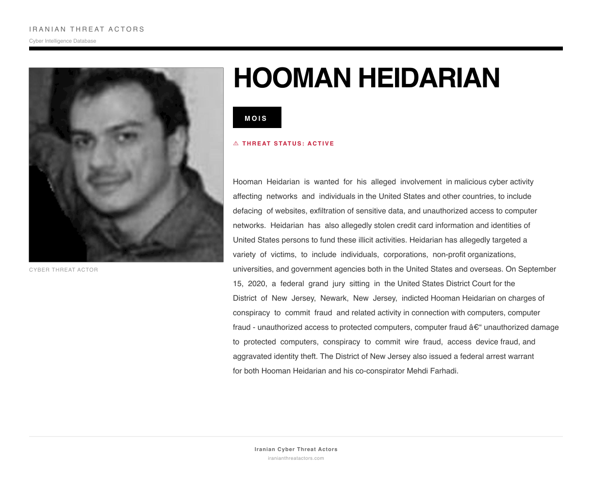 HOOMAN HEIDARIAN - Iranian Cyber Threat Actor