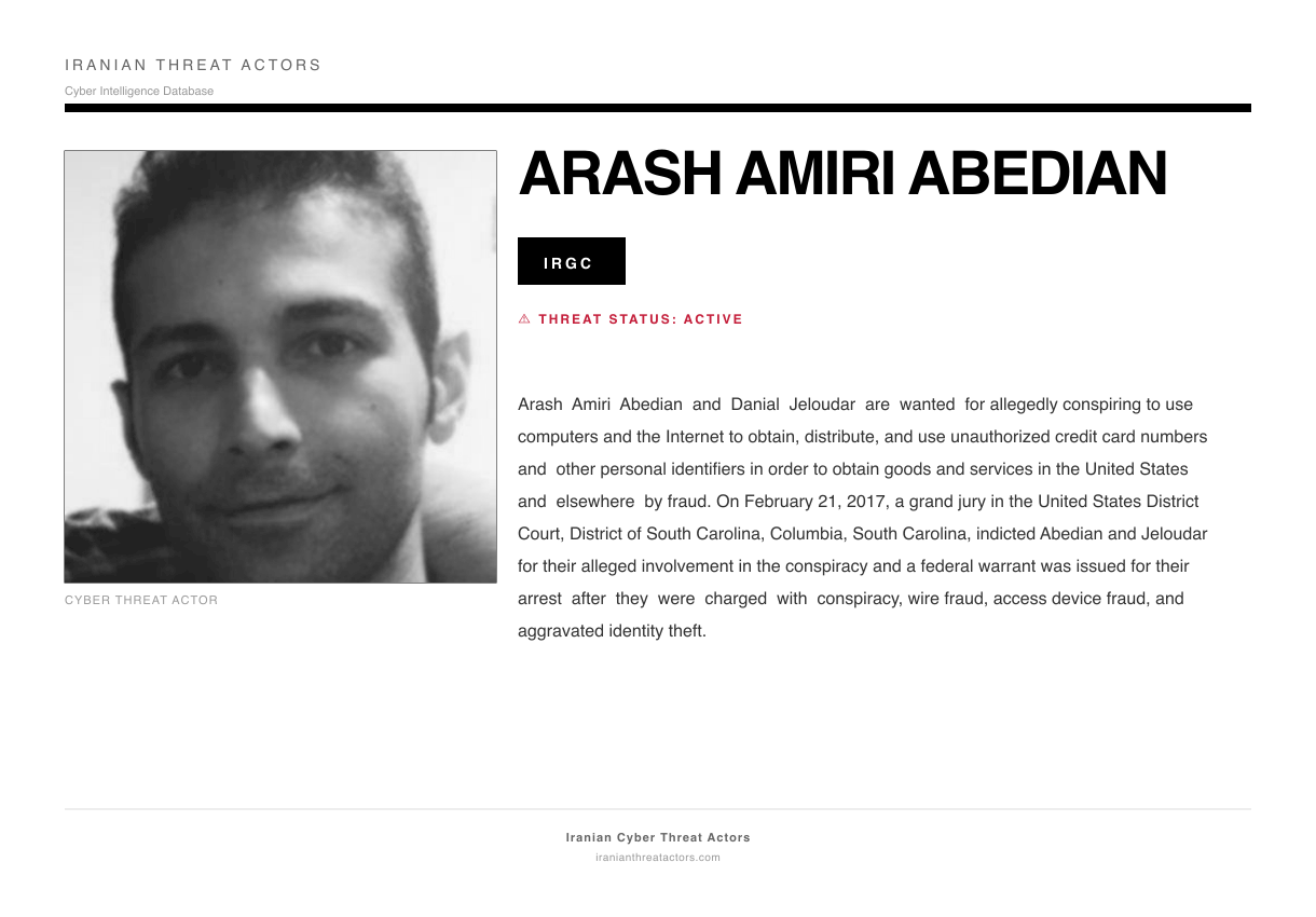 ARASH AMIRI ABEDIAN - Iranian Cyber Threat Actor