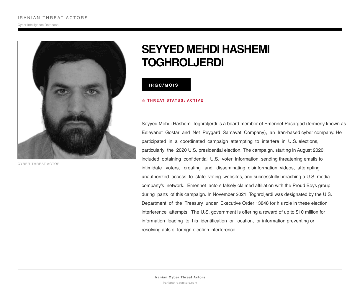 SEYYED MEHDI HASHEMI TOGHROLJERDI - Iranian Cyber Threat Actor