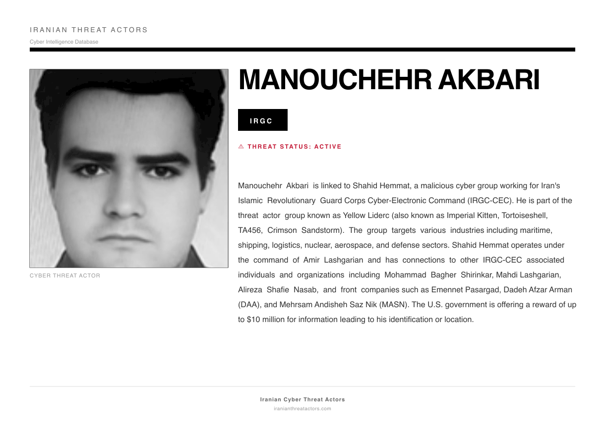 MANOUCHEHR AKBARI - Iranian Cyber Threat Actor