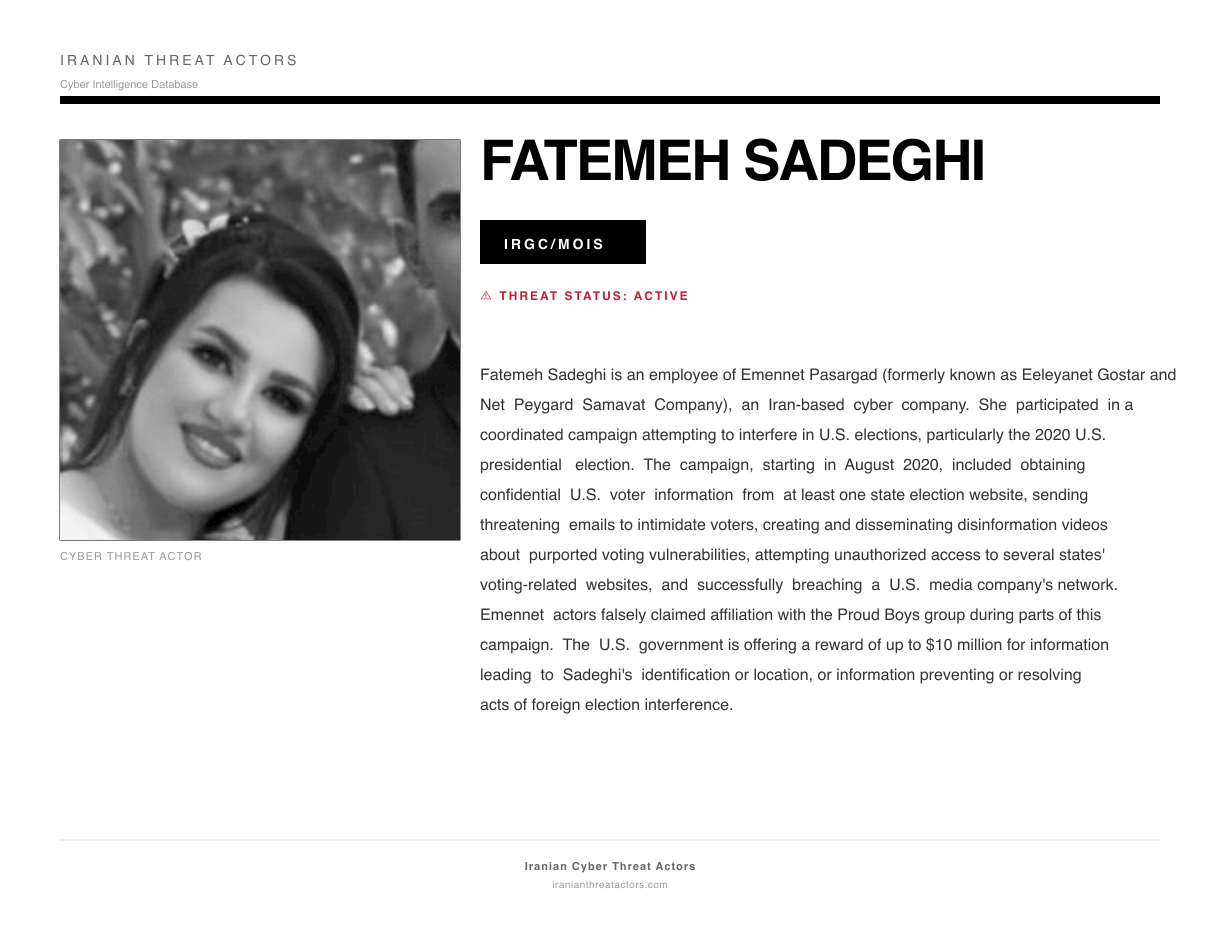 FATEMEH SADEGHI - Iranian Cyber Threat Actor