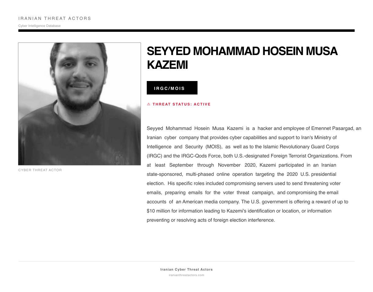 SEYYED MOHAMMAD HOSEIN MUSA KAZEMI - Iranian Cyber Threat Actor
