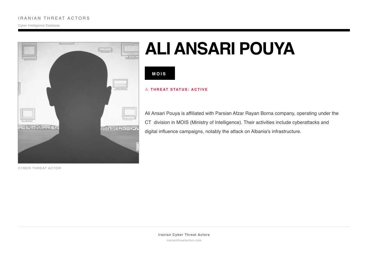 ALI ANSARI POUYA - Iranian Cyber Threat Actor